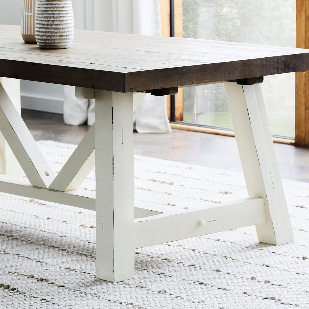 Chester Dining Table 78" Distressed White finish – Bayview Furniture